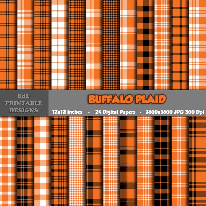 Orange Buffalo Plaid Digital Paper Pack, Printable Background Papers ...