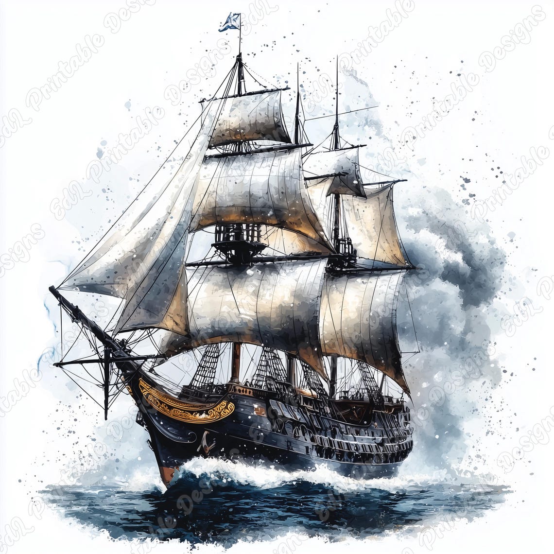 Watercolor Sailing Ship Clip Art, Vintage Pirate Ship Images (JPG Set ...