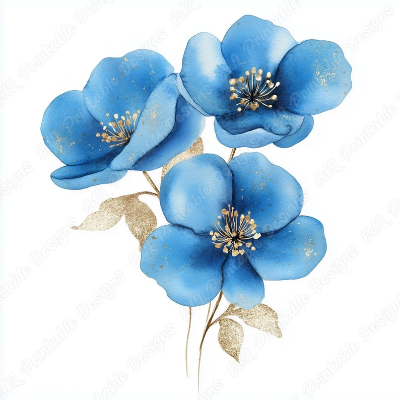 Blue Gold Flower Clipart, Floral Scrapbook Designs (JPG Digital ...