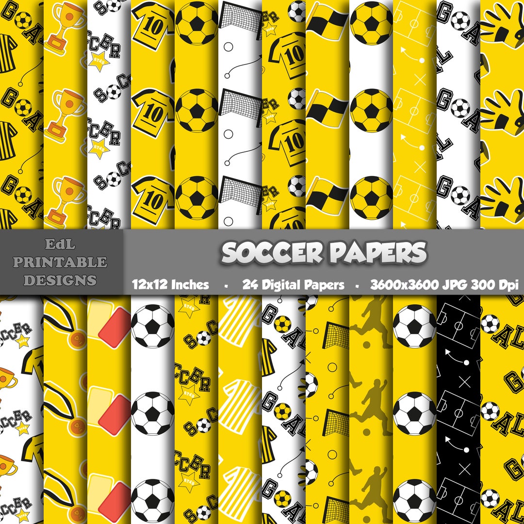 Soccer Digital Paper, Football Printable Background, Yellow Soccer Ball ...