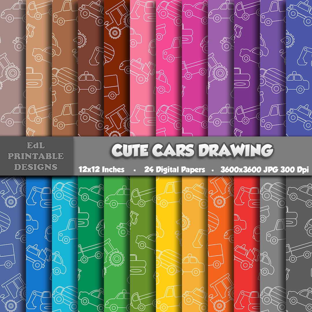 Cute Cars Drawing Pattern Digital Paper, Vehicles Sketch Printable ...