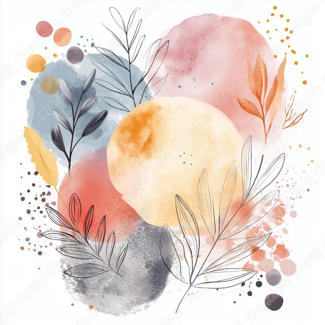 Boho Floral Clip Art, Abstract Watercolor Elements (JPG Digital ...