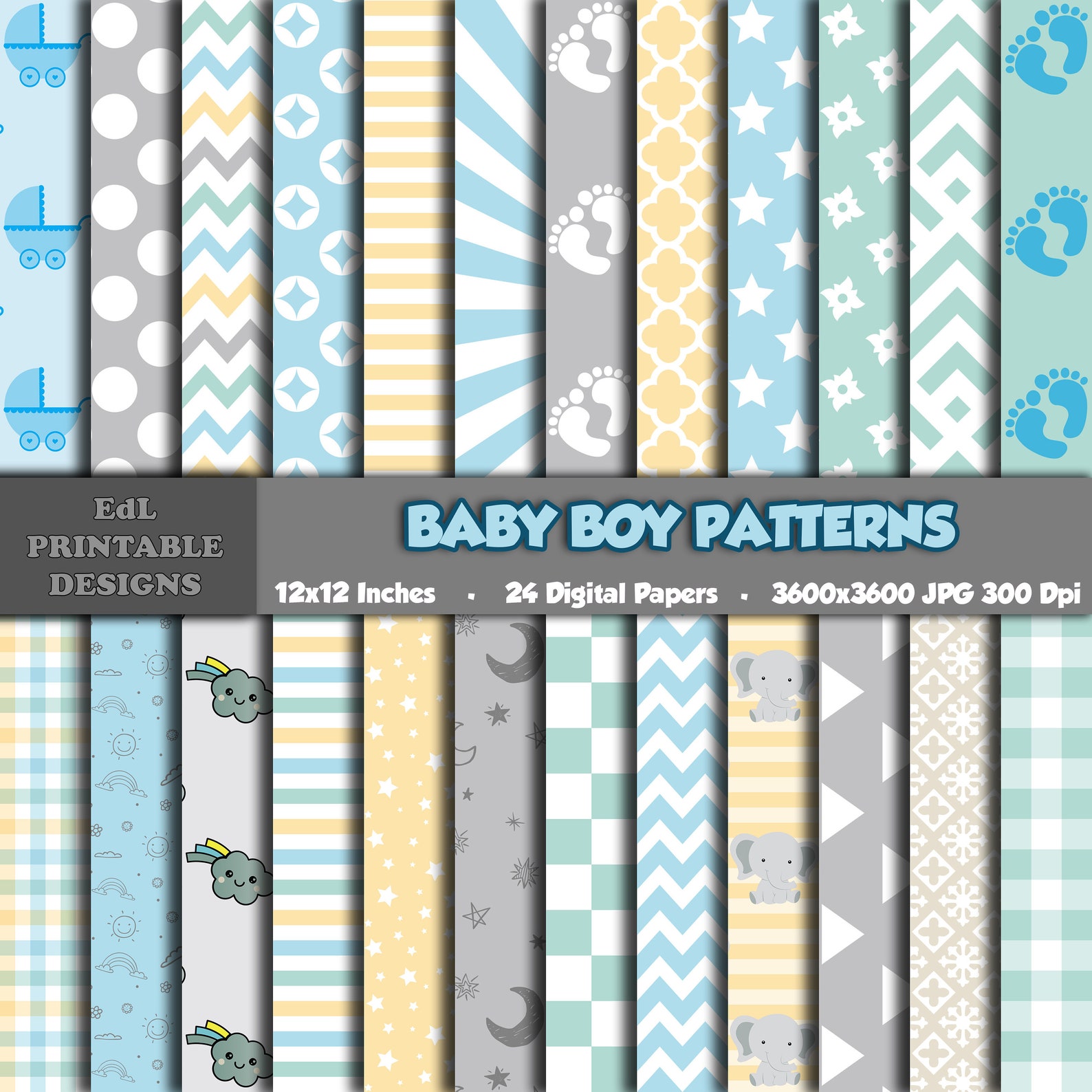 Baby Boy Patterns Digital Paper, Newborn Baby Shower Printable ...