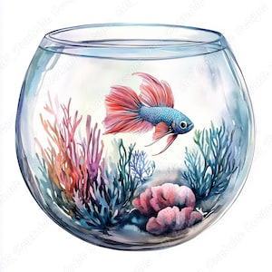 20 Watercolor Fish Bowl Clip Art, Cute Aquarium Printable Image, Fish ...