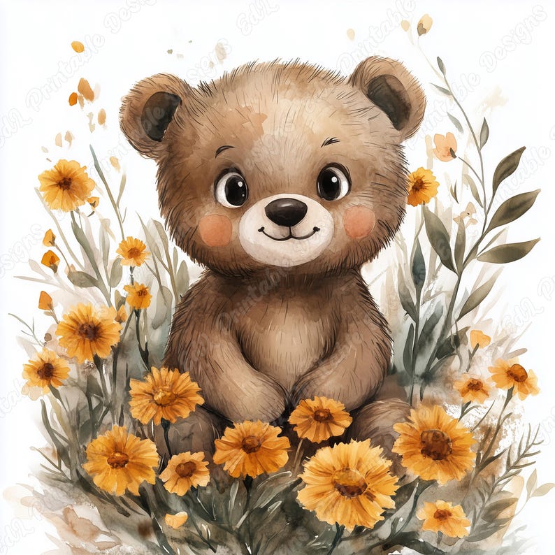 Watercolor Bear Clipart, Baby Animal Images With Flowers Paper Crafts ...
