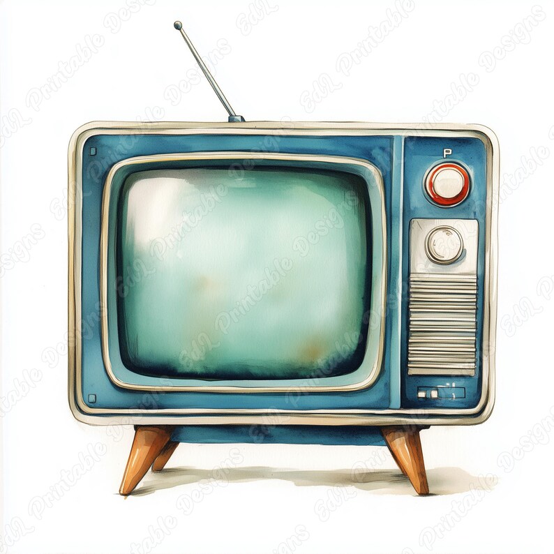 Retro TV Clipart, Watercolor Vintage Television JPG Bundle (digital ...