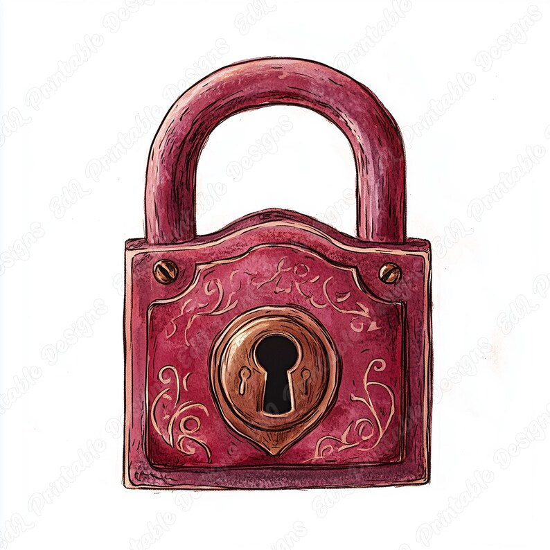 Watercolor Padlock Clip Art, Vintage Lock Printable, Scrapbook Paper ...
