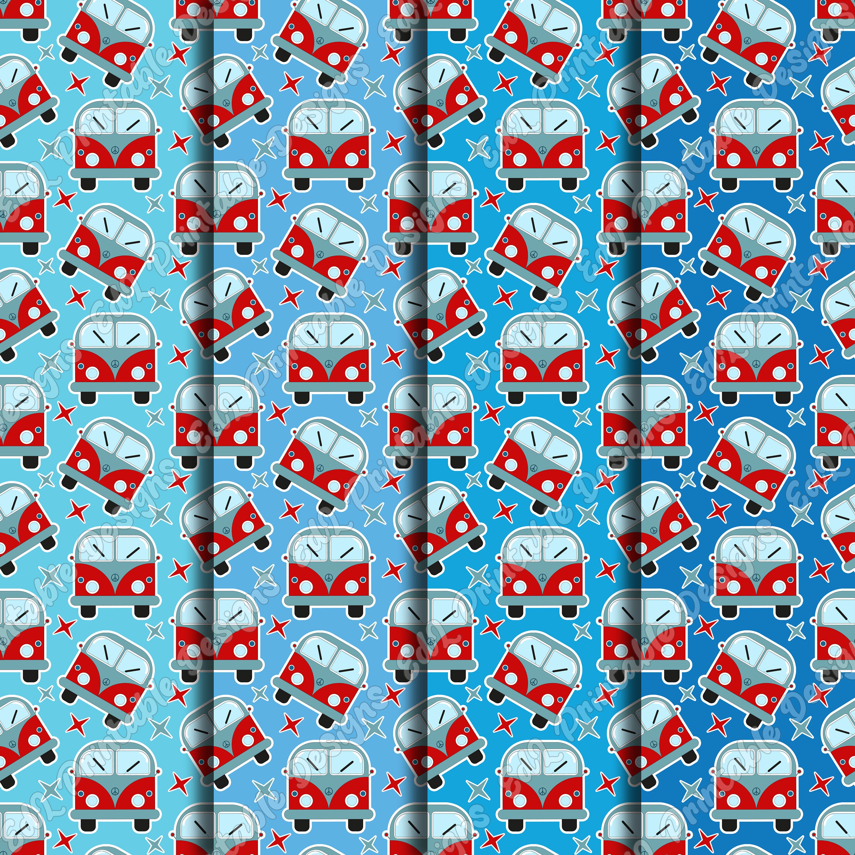 Hippie Bus Digital Paper, Retro VW Van Printable Background, 1970s ...