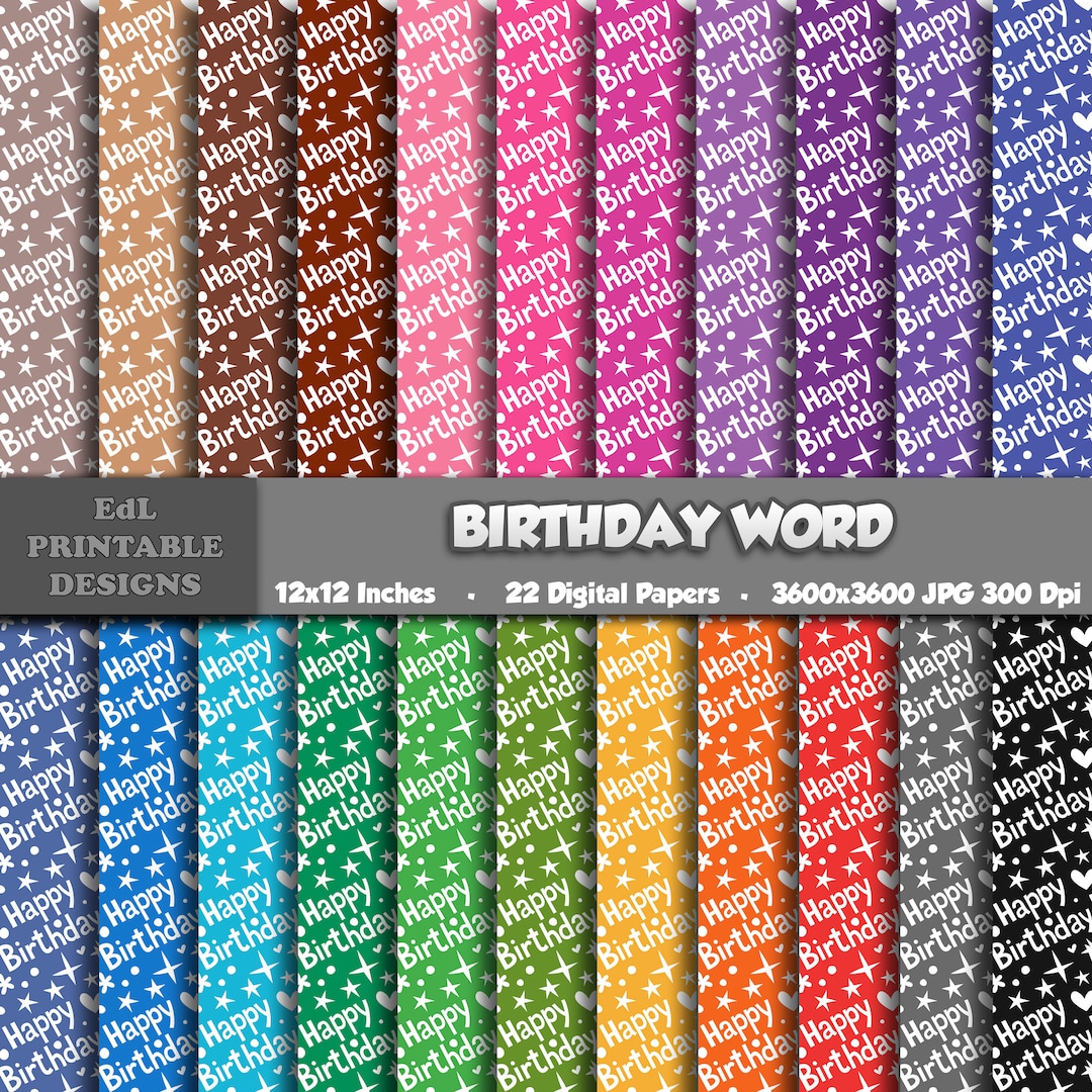 Birthday Word Digital Paper Pack, Scrapbook Background (12x12, Set of ...