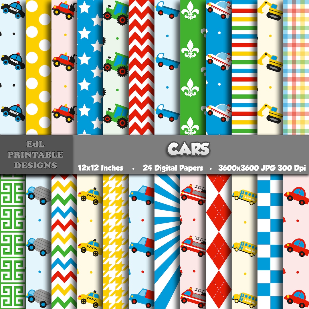 Cars Digital Pattern Paper, Printable Vehicles Background, Construction ...