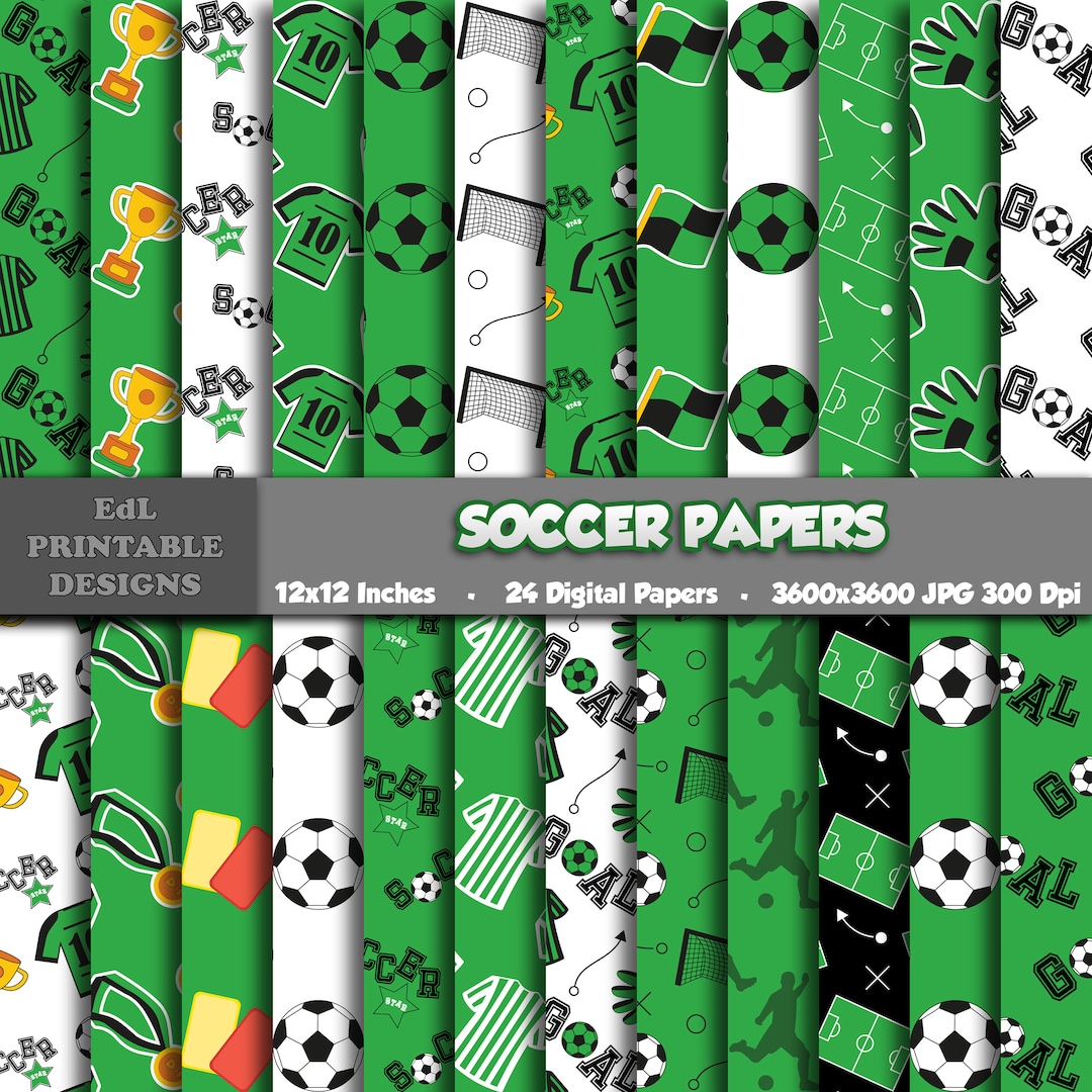 Soccer Digital Paper, Football Printable Background, Green Soccer Ball ...