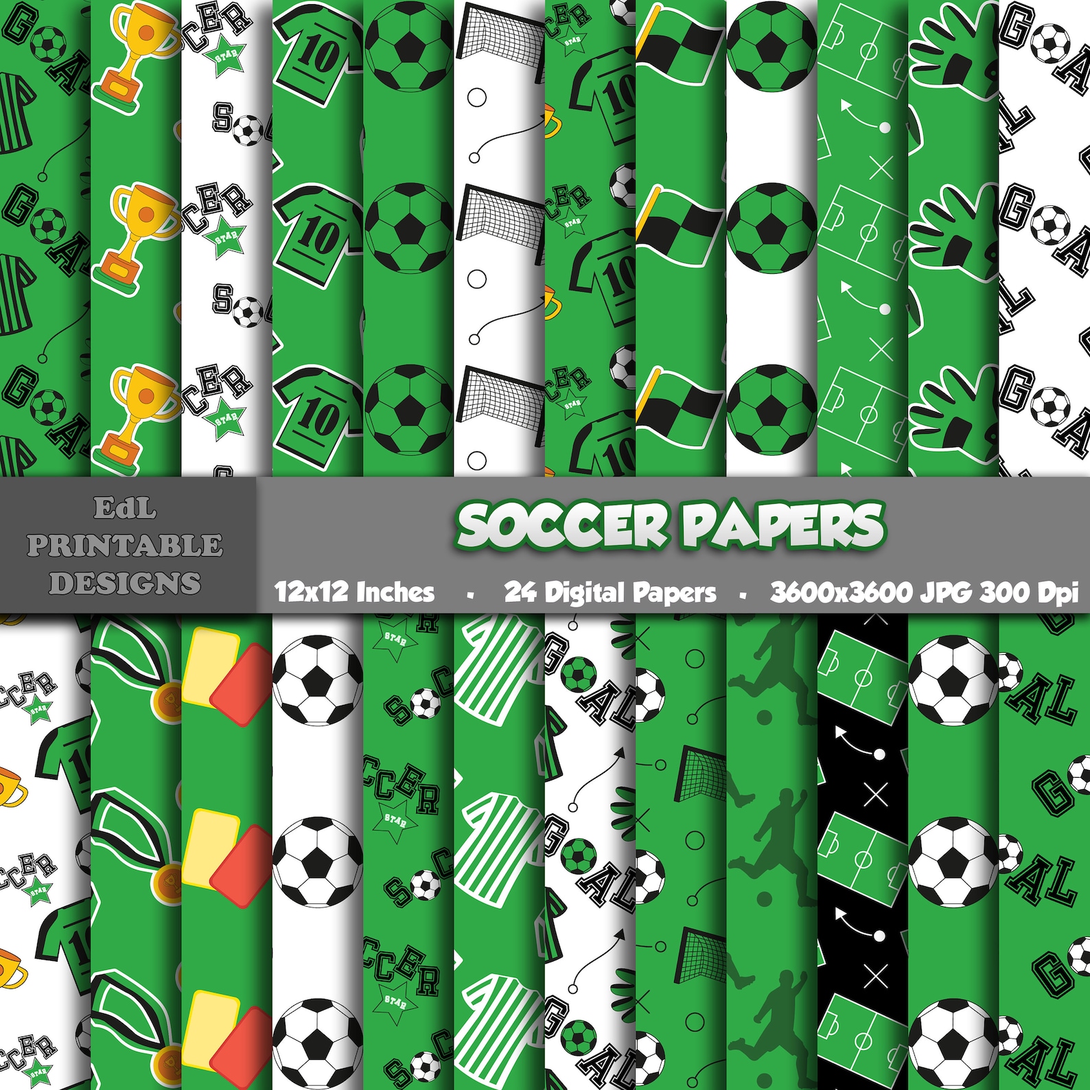 Soccer Digital Paper, Football Printable Background, Green Soccer Ball ...