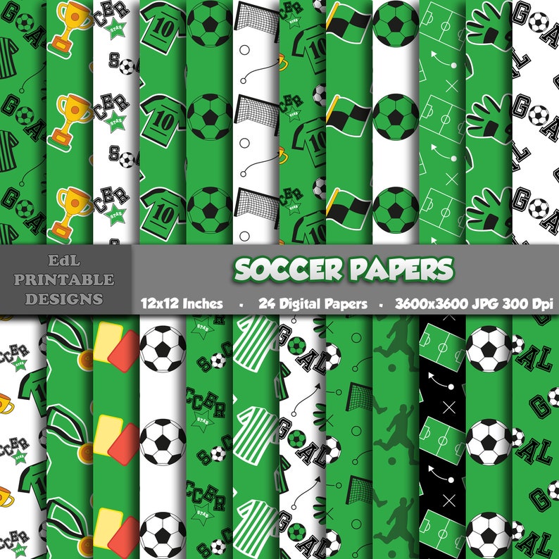 Soccer Digital Paper, Football Printable Background, Green Soccer Ball ...