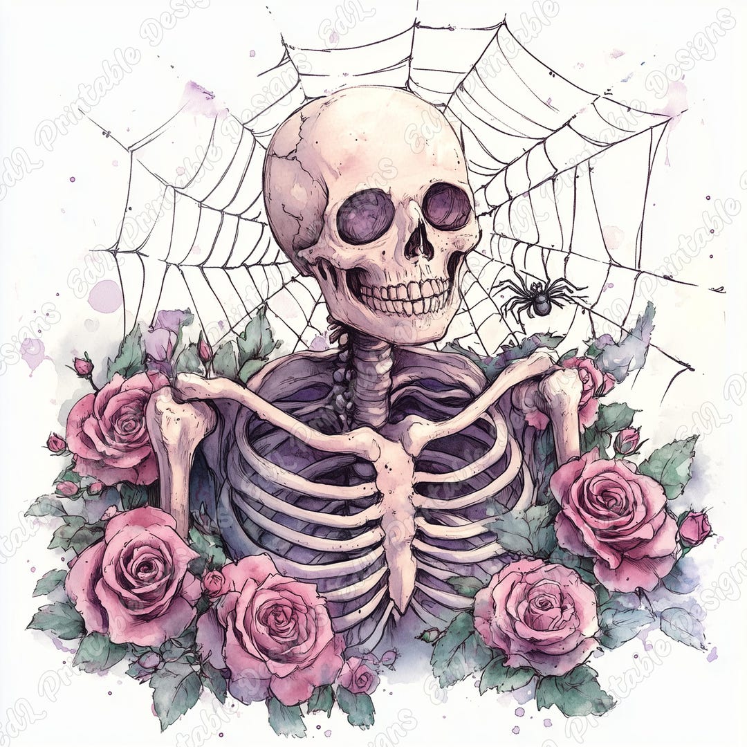 20 Skeleton With Flowers Clip Art, Spooky Halloween Printable Image ...