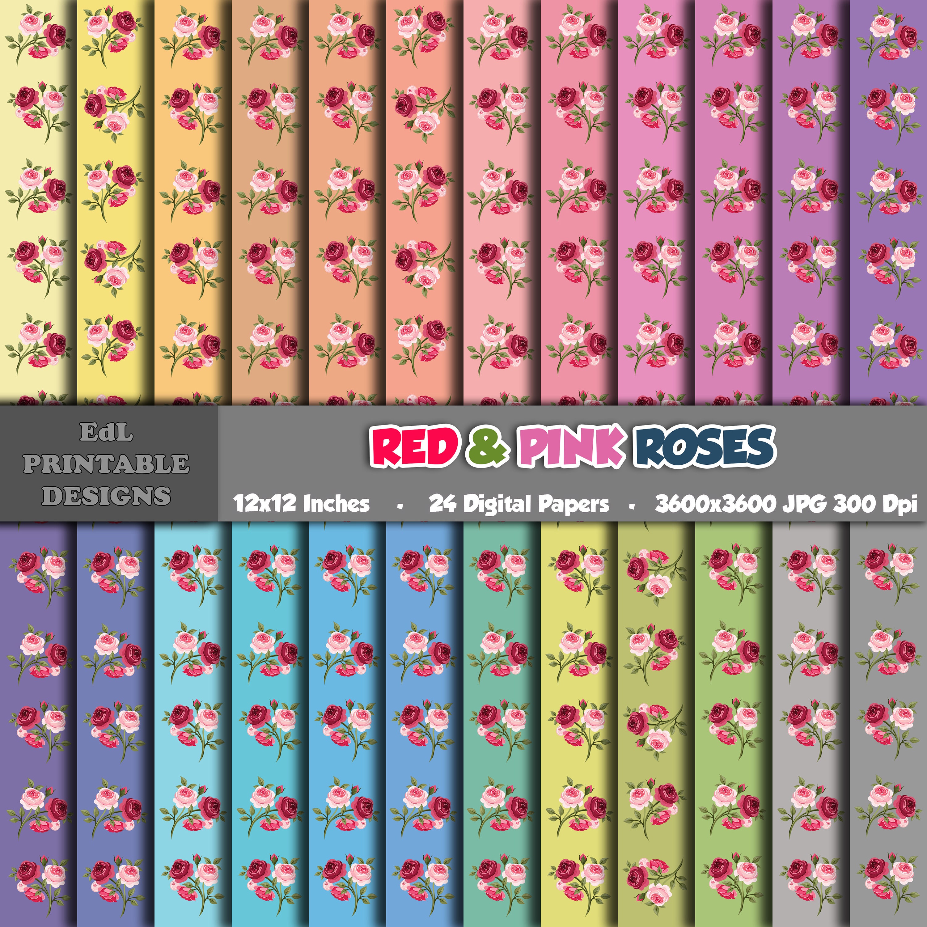 Red and Pink Roses Digital Paper Pack, Printable Background, Pastel ...