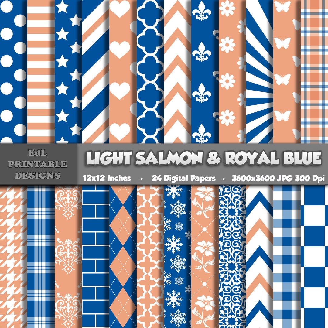 Light Salmon and Royal Blue Color Digital Pattern Papers, Instant ...