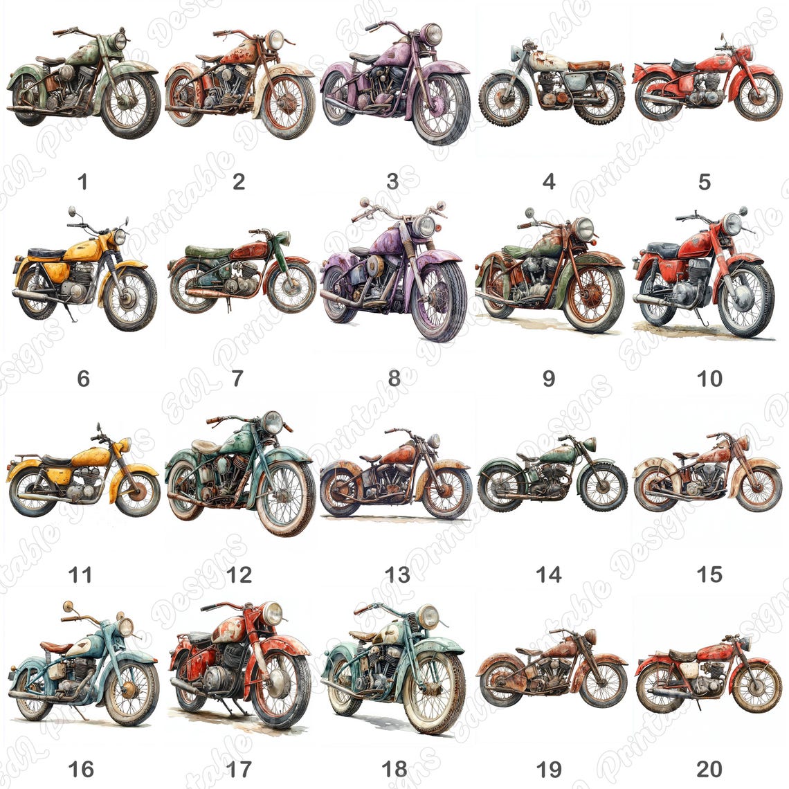 20 Vintage Old Motorcycle Clip Art, Classic Bike Printable Image ...