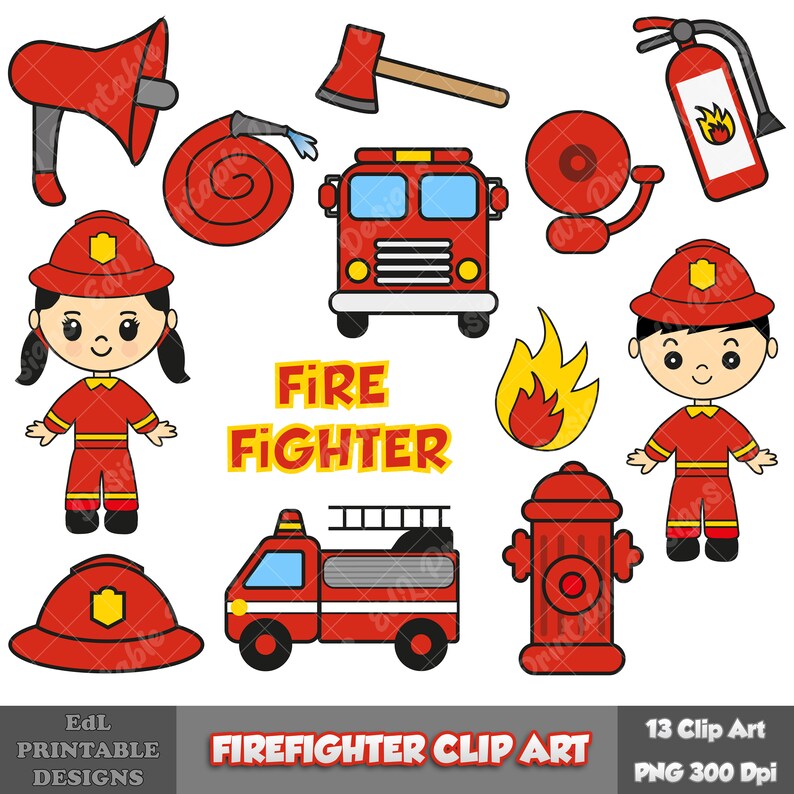 Firefighter Clip Art, Fire Truck Png, Fire Man Clipart, Nursery Decor ...
