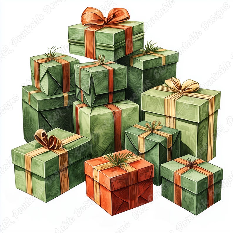 Vintage Christmas Gift Boxes Clip Art, Printable Presents (JPG Bundle ...