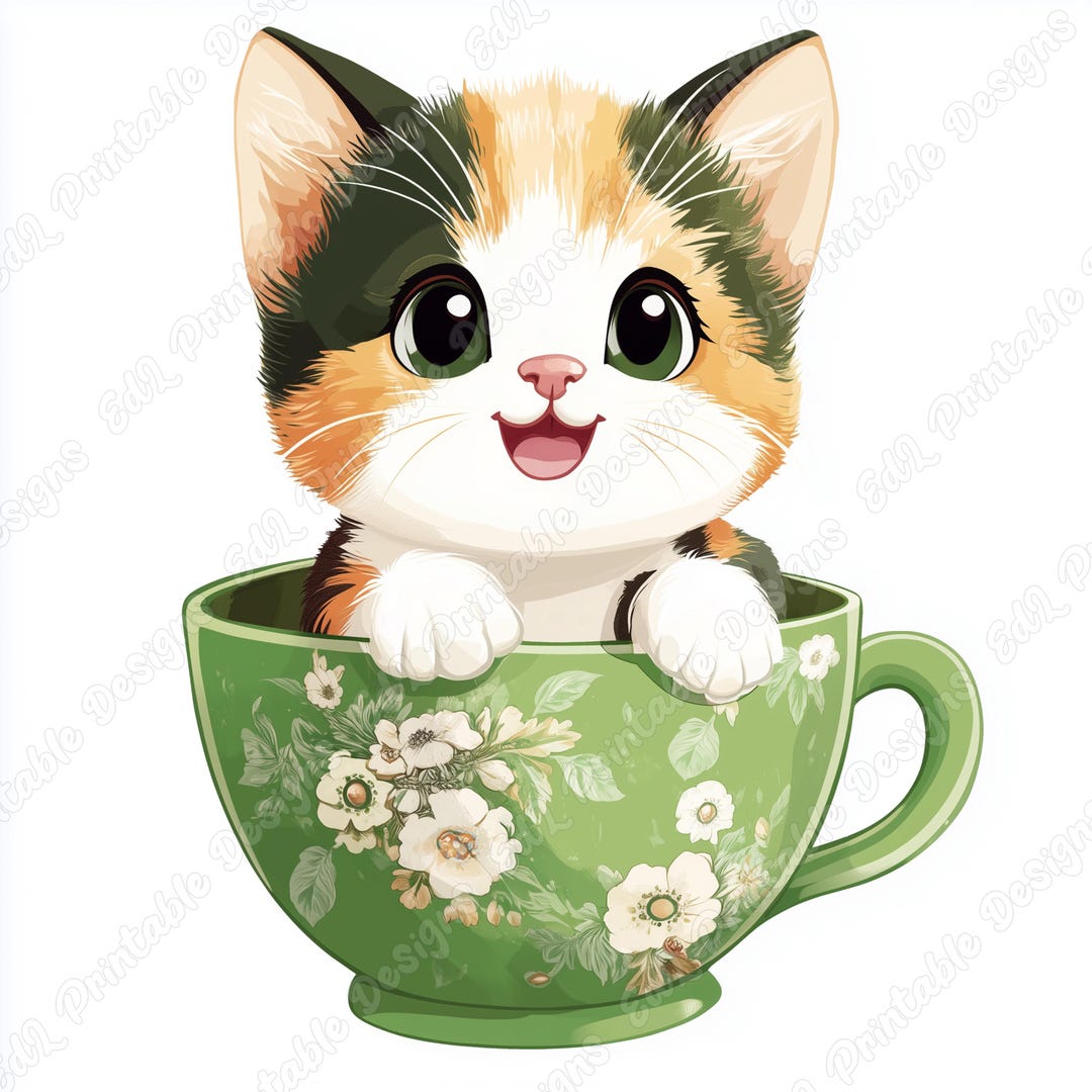 Kitten in Teacup Clip Art: Cartoon Cat Printable Images (digital ...