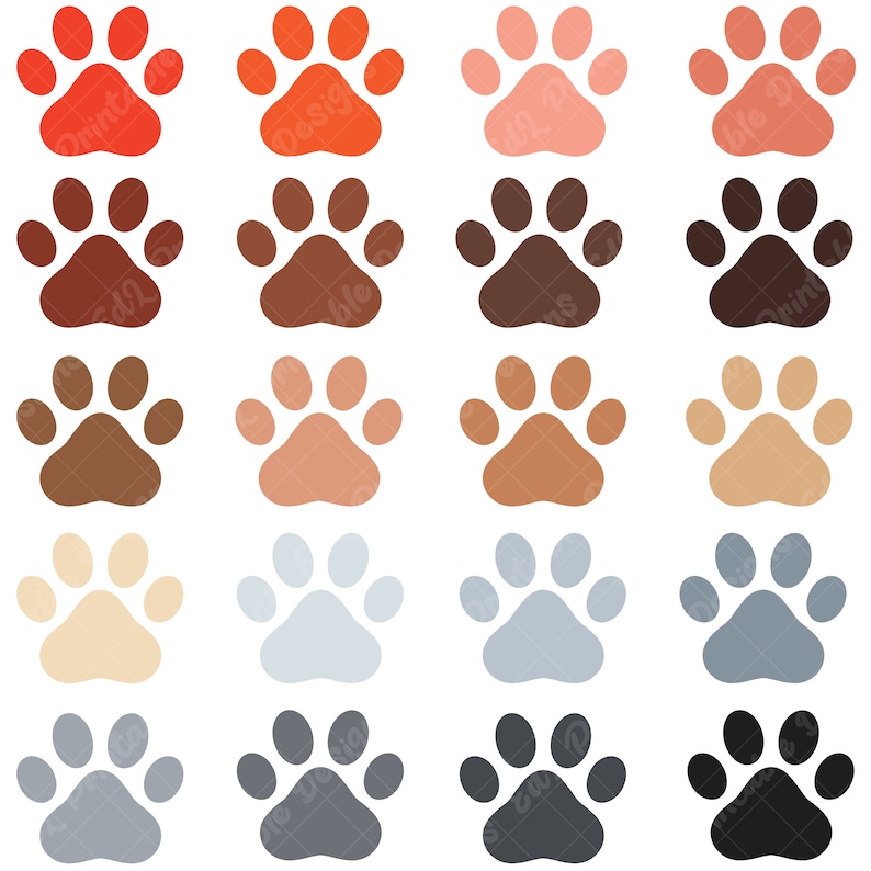 100 Solid Color Paw Print Clip Art, Rainbow Dog and Cat Paw Clipart ...