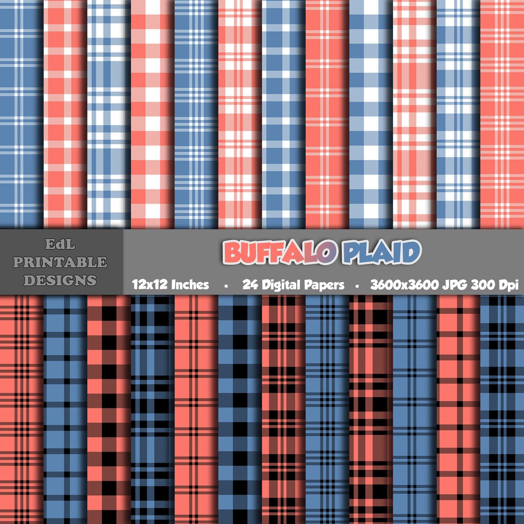 Blue & Orange Buffalo Plaid Digital Papers, Scottish Gingham Tartan ...