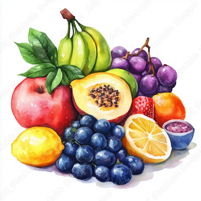 Watercolor Pile of Fruits Clipart, Summer Fruit Illustration (JPG Set ...