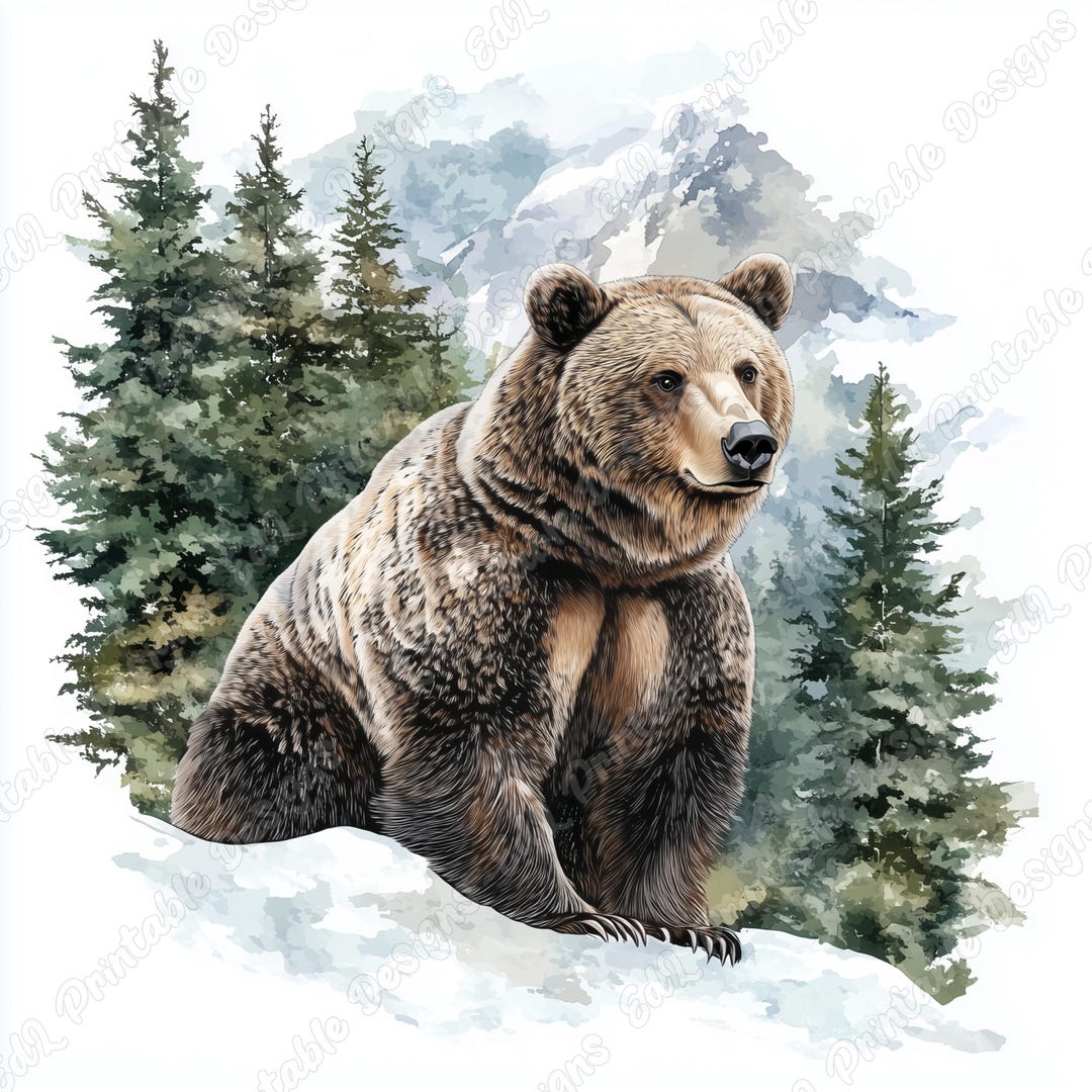 20 Brown Winter Bear Clip Art, Watercolor Bear in Winter Printable ...