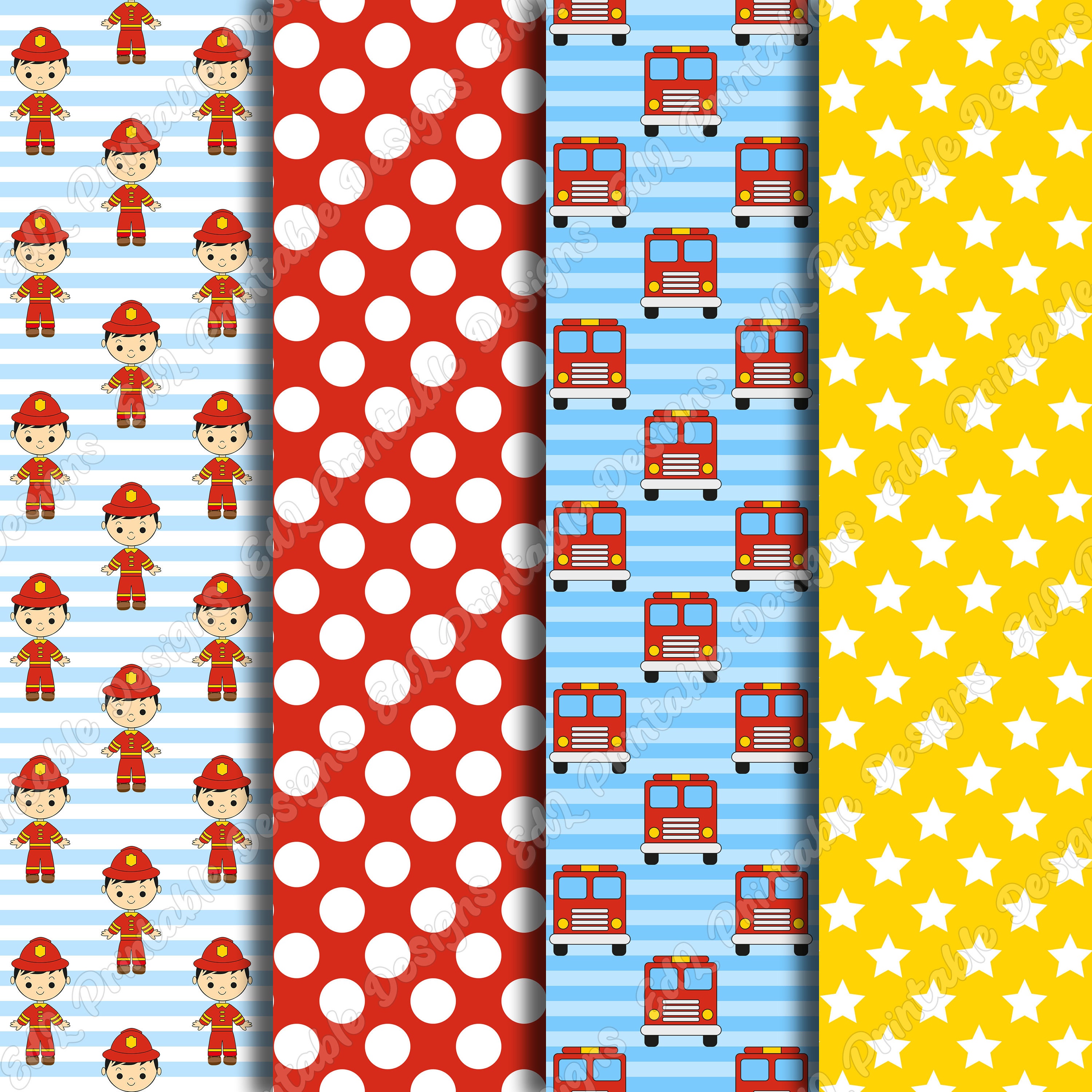 Firefighter Digital Paper Pack, Firetruck Scrapbook Patterns (digital ...