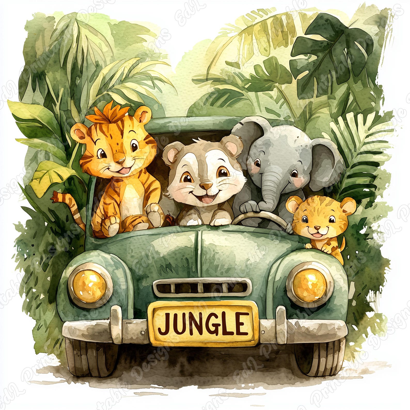 Safari Animals in Jeep Clip Art, Jungle Nursery Decor (digital Download ...