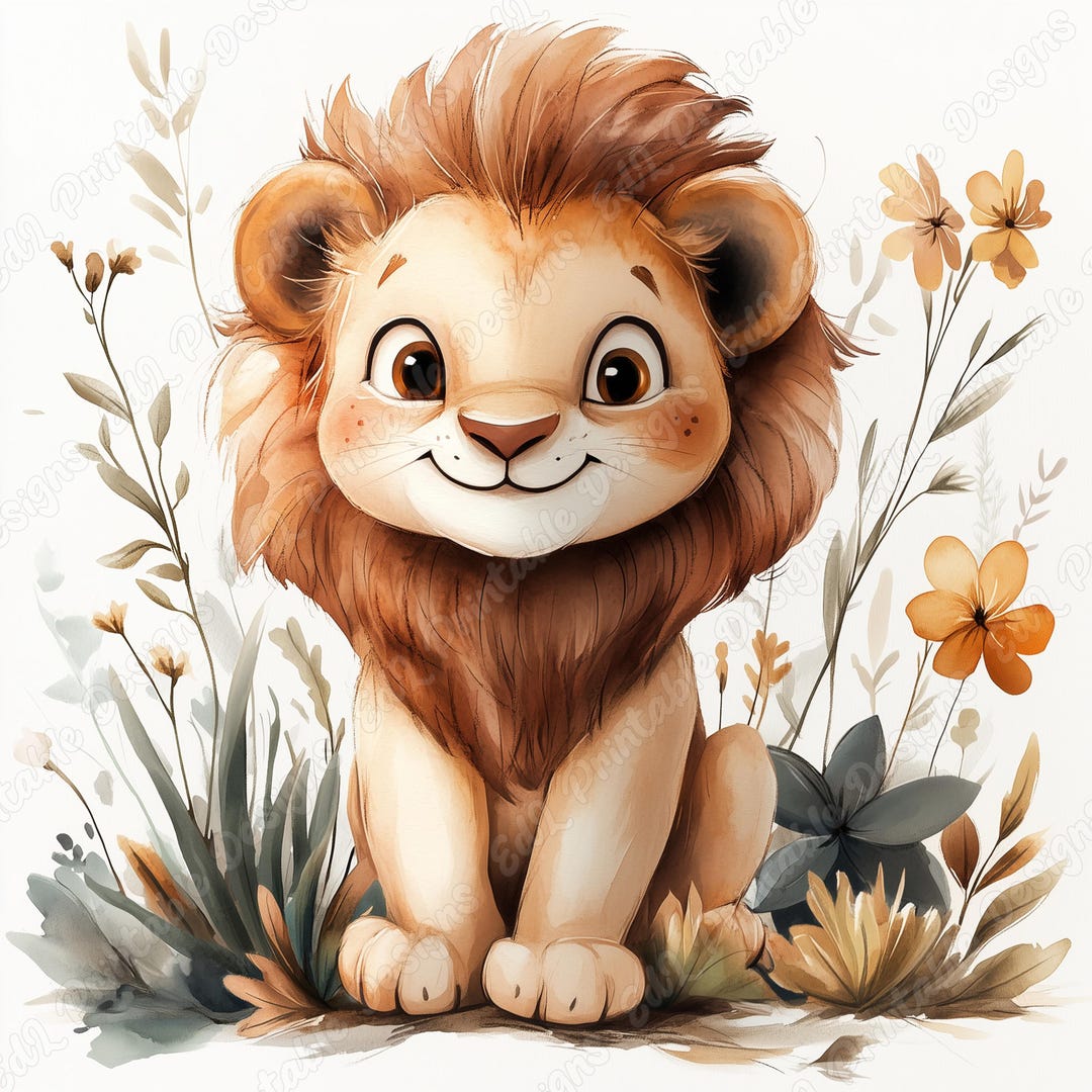 Watercolor Lion Clip Art Set, Baby Animal Flowers (JPG Digital Download ...