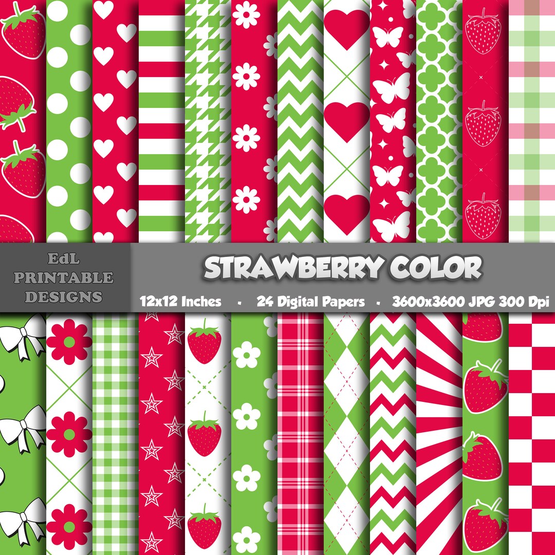 Strawberry Digital Paper, Green and Red Color Printable Background ...