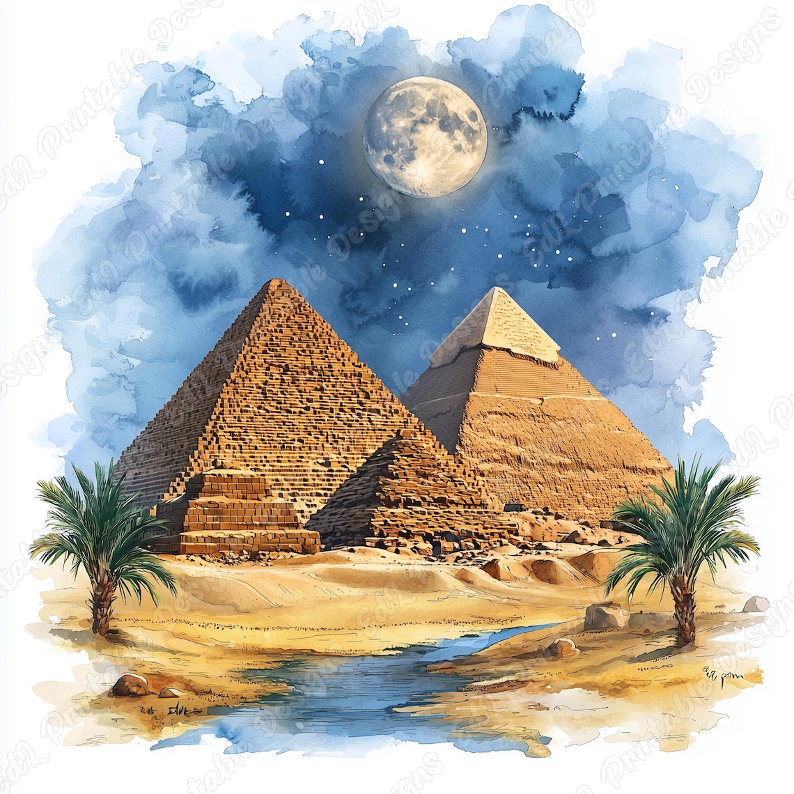 Watercolor Pyramid Clip Art, Giza Landscape, Egyptian Desert (JPG ...