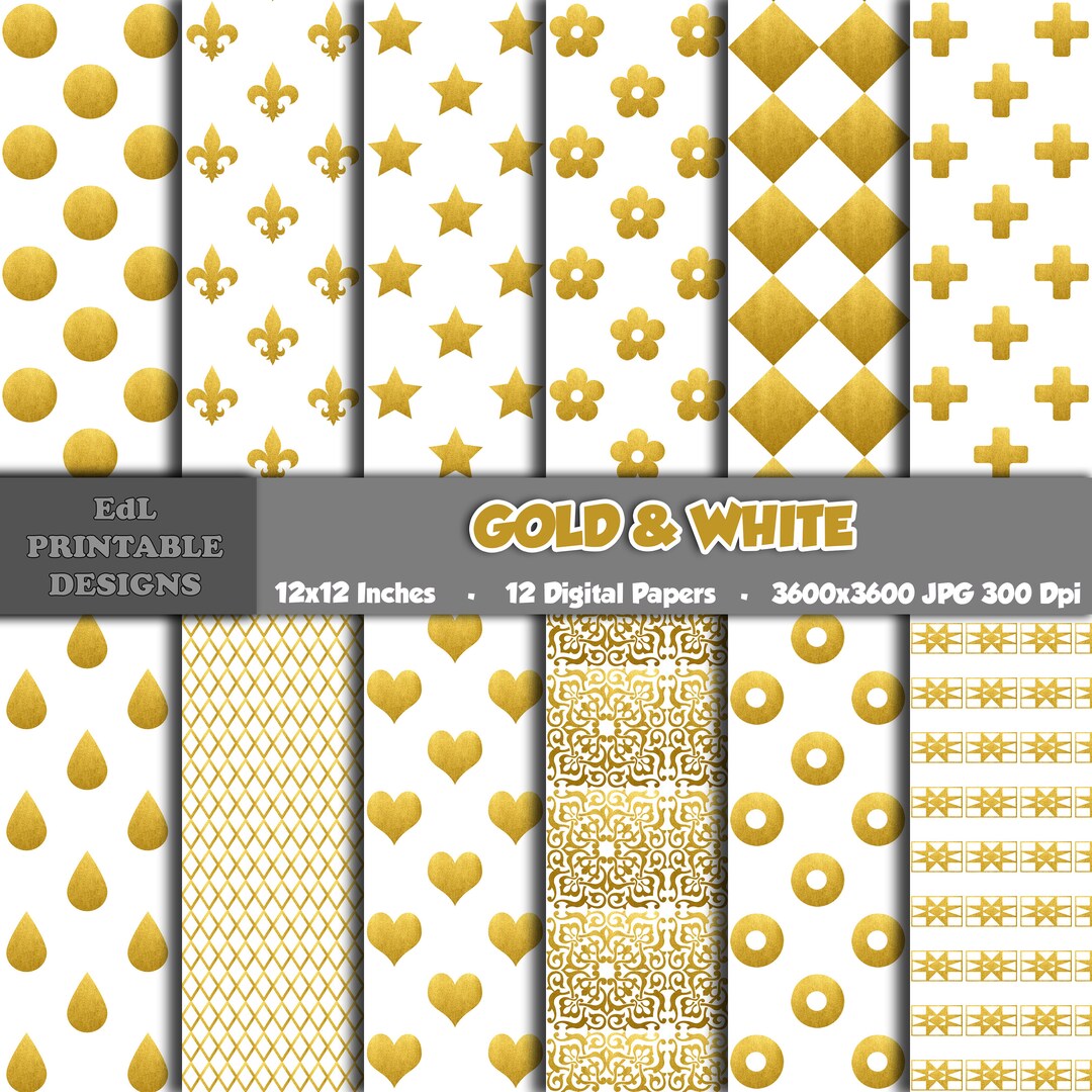 Gold and White Digital Paper Pack, Glitter Printable Background, Golden ...