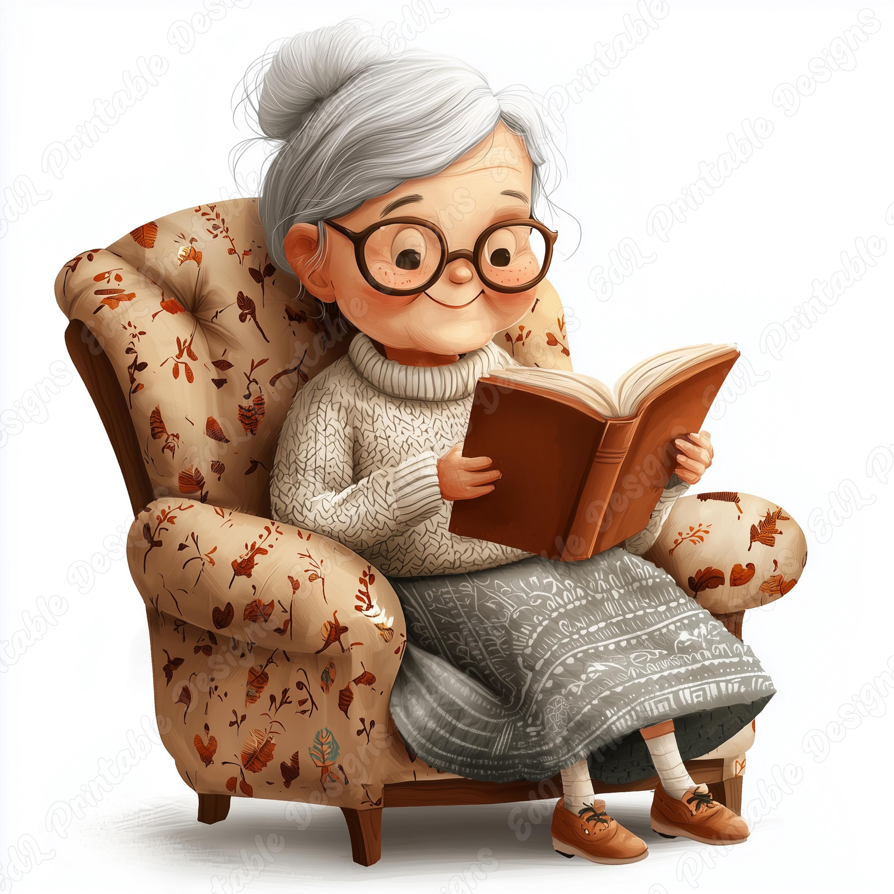 Grandmother Reading Clipart, Grandma Armchair Scene, Printable ...