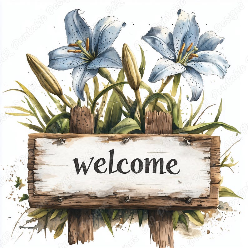 Watercolor Welcome Sign Clip Art, Wood, Yellow Flowers (digital ...