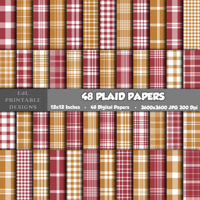 Burgundy and Gold Plaid Digital Paper, Tartan, Lumberjack, Gingham ...