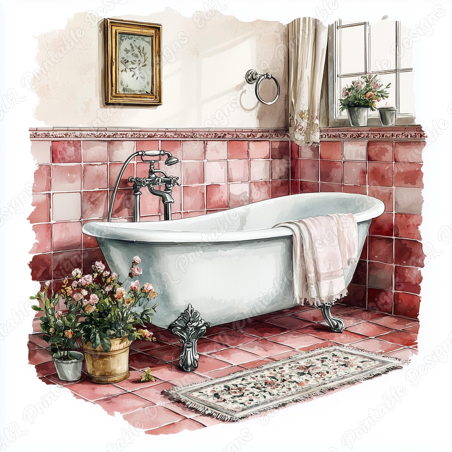 Vintage Bathroom Watercolor Clipart, Shabby Chic Bathtub Illustration ...