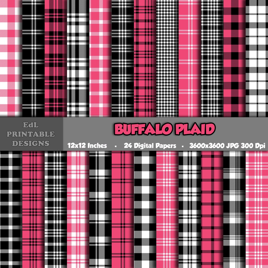 Pink Black White Buffalo Plaid Digital Paper, Tartan Flannel (digital ...