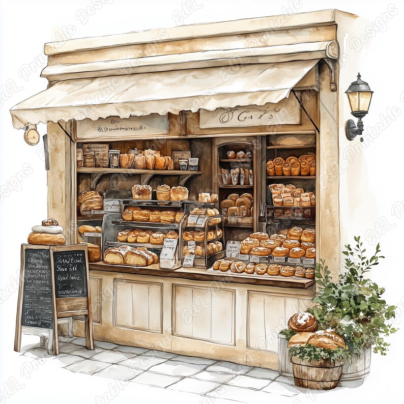 Vintage Bakery Shop Watercolor Clipart, Scrapbook Paper (JPG Digital ...