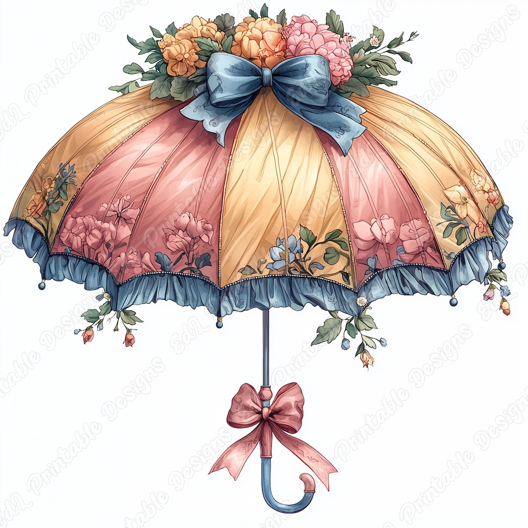 20 Vintage Umbrella Clip Art, Printable Victorian Umbrella With Flowers ...