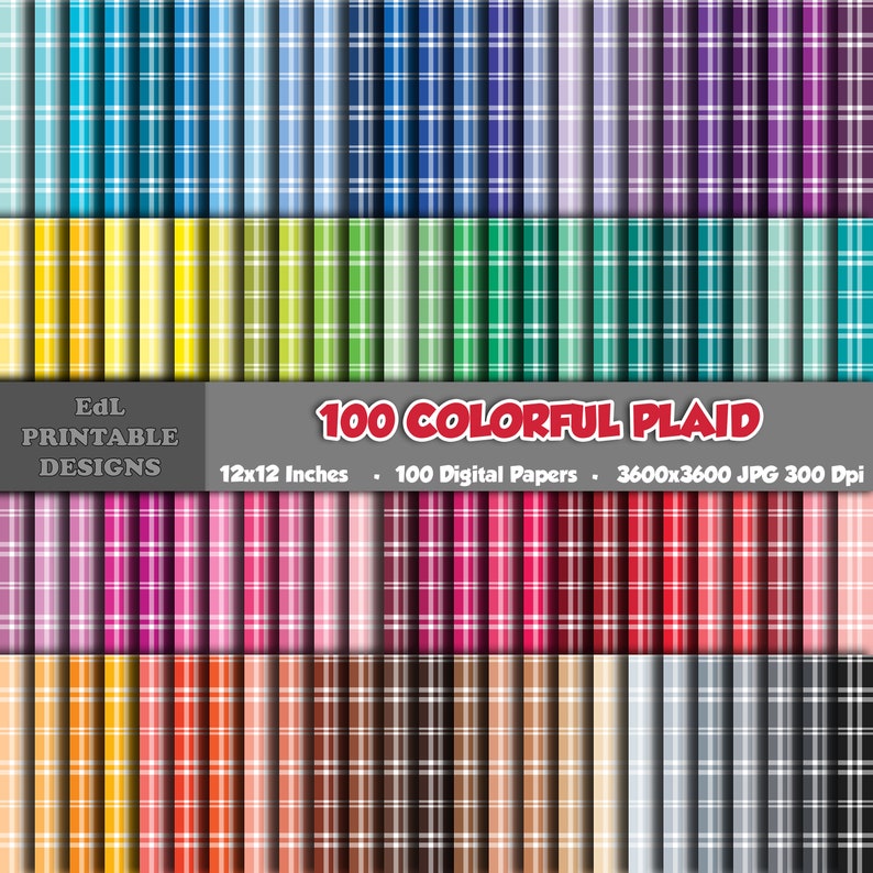 100 Colorful Plaid Digital Paper, Tartan Printable Background, Gingham ...