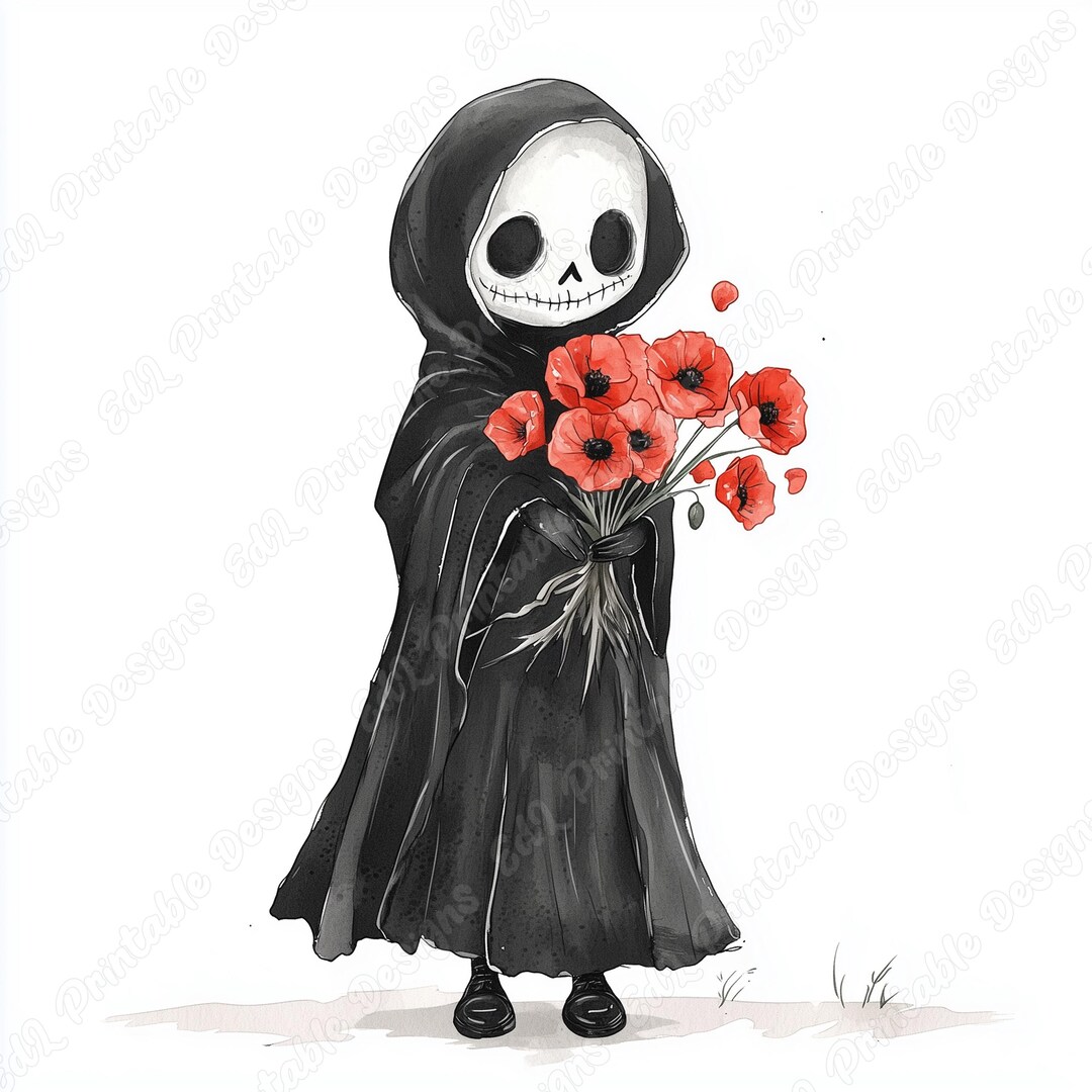 Grim Reaper Clipart, Spooky Halloween With Flowers JPG Set (digital ...