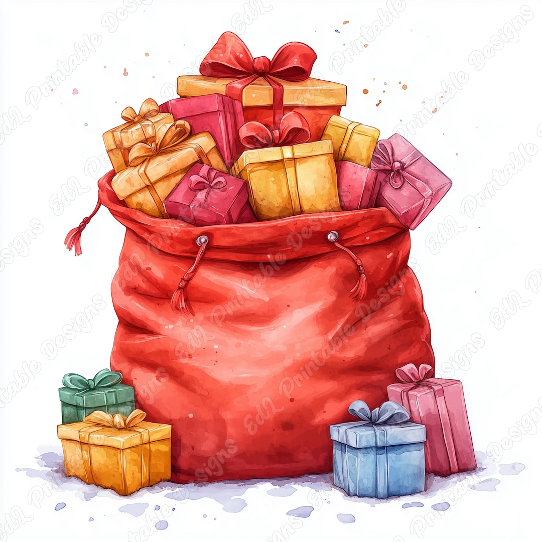 20 Cute Santa Sack Clip Art, Christmas Bag Printable Images, Watercolor ...