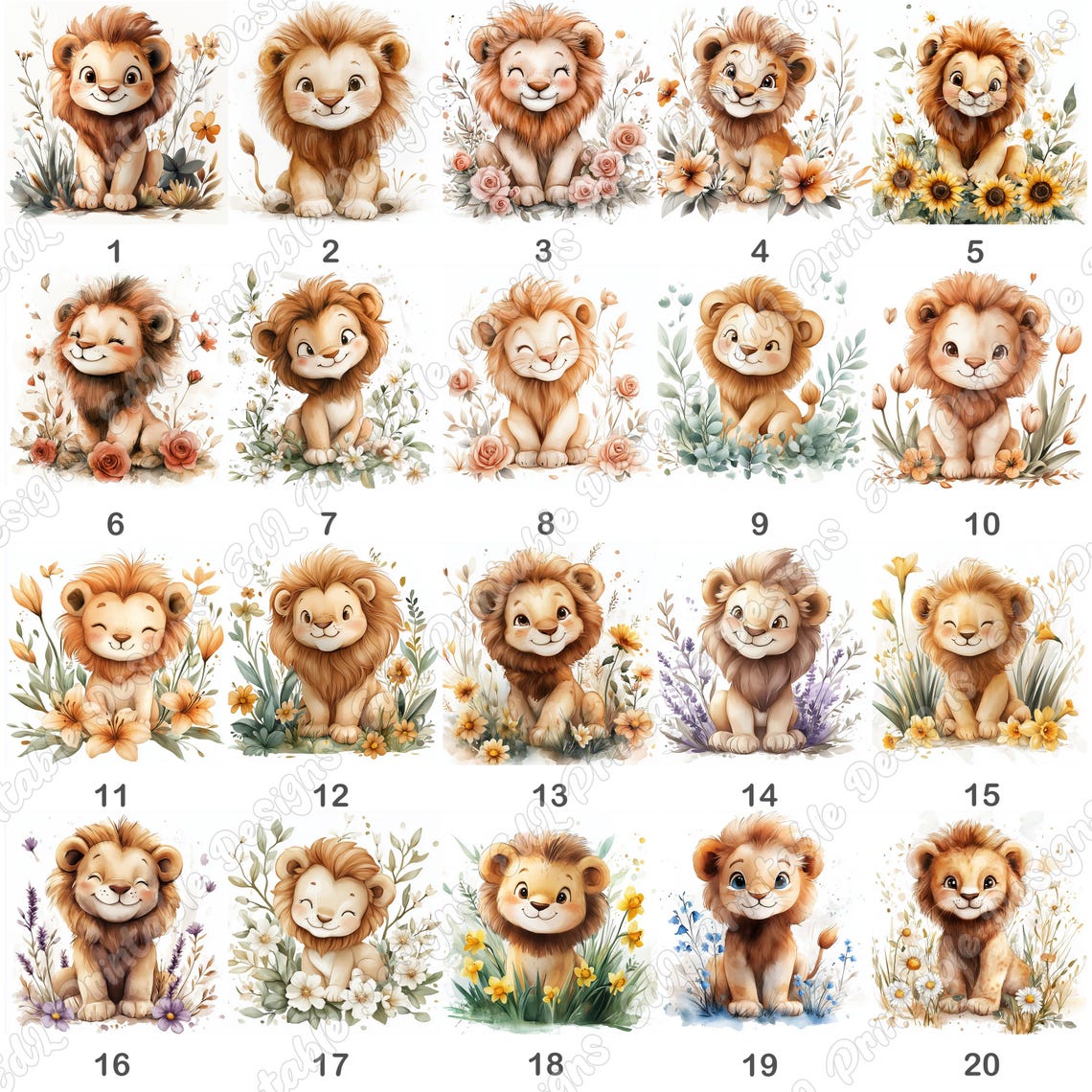 Watercolor Lion Clip Art Set, Baby Animal Flowers (JPG Digital Download ...