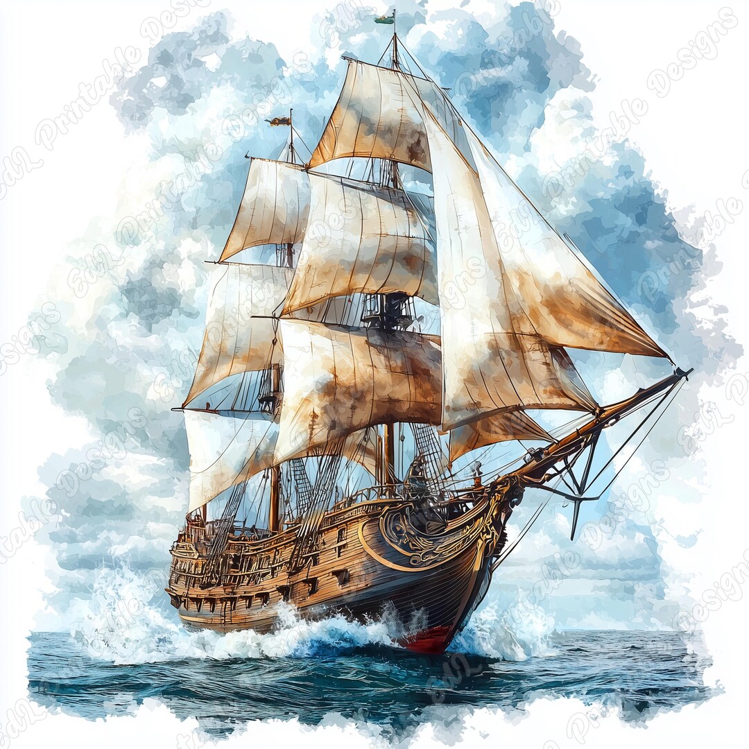 Watercolor Sailing Ship Clip Art, Vintage Pirate Ship Images (JPG Set ...