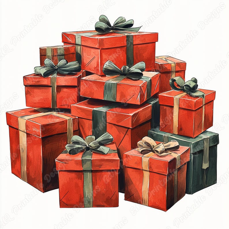 Vintage Christmas Gift Boxes Clip Art, Printable Presents (JPG Bundle ...