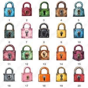 20 Watercolor Lock Clip Art, Vintage Padlock Printable Image, Antique ...