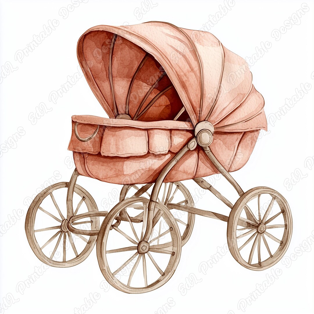20 Vintage Baby Stroller Clip Art, Watercolor Baby Carriage Printable ...