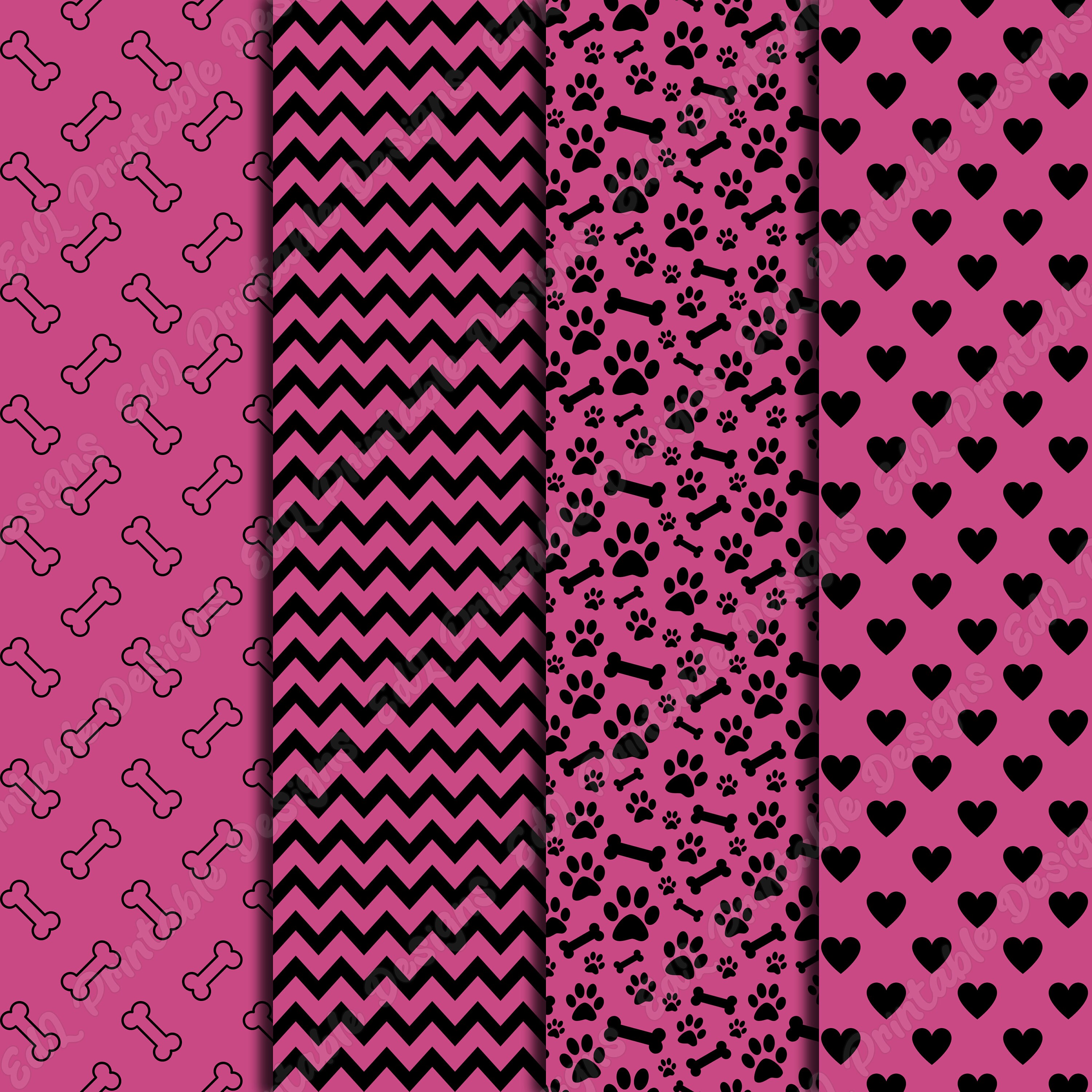 Pink and Black Dog Patterns Digital Paper, Animal Prints Background ...